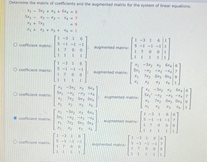 Solved Determine the matrix of coefficients and the | Chegg.com
