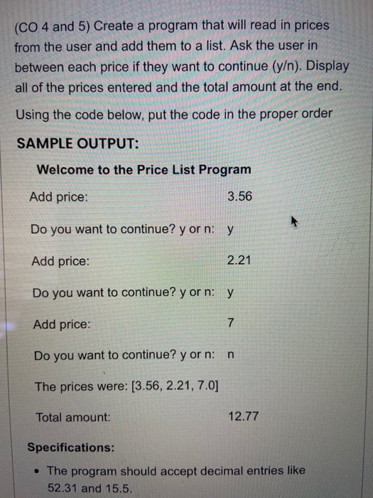 Solved (CO 4 and 5) Create a program that will read in | Chegg.com