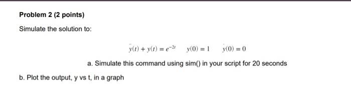 Solved Simulate the solution to: y(t)+y(t)=e−2ty(0)=1y(0)=0 | Chegg.com