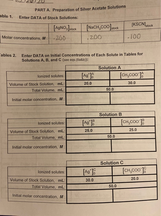 Solved - 20 PART A. Preparation of Silver Acetate Solutions | Chegg.com