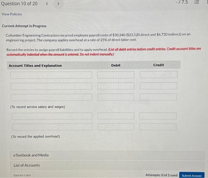 Solved Current Attempt in Progress Cullumber Engineering | Chegg.com
