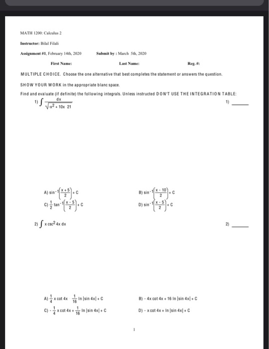 Solved MATH 1200: Calculus 2 Instructor: Bilal Filali | Chegg.com