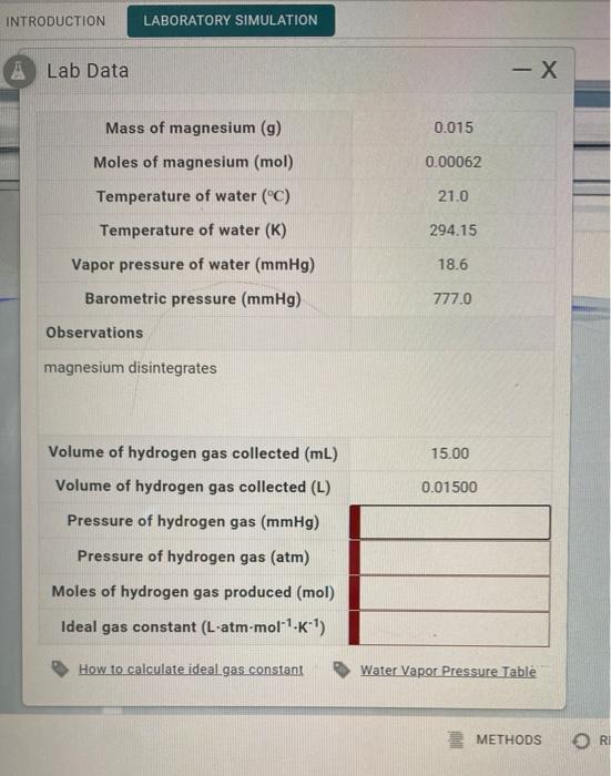 Solved calculate pressure of hydrogen gas, moles of hydrogen | Chegg.com