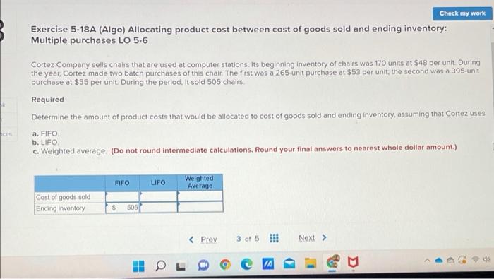 Solved Check my work Exercise 5-18A (Algo) Allocating | Chegg.com