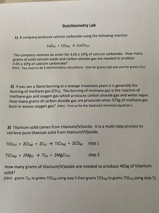 Solved Stoichiometry Lab 1) A company produces calcium | Chegg.com