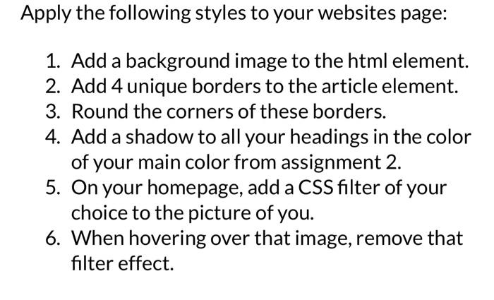 Solved Apply the following styles to your websites page: 1. | Chegg.com
