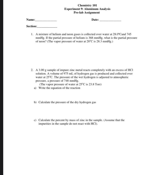 Solved Chemistry 101 Experiment 9: Aluminum Analysis Pre-lab | Chegg.com