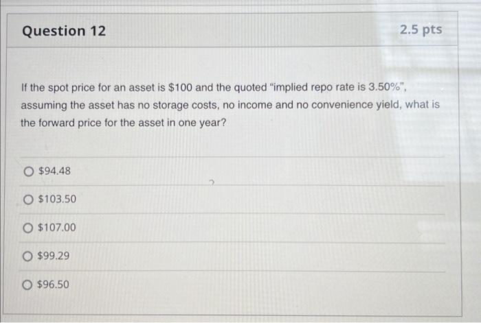 Solved If the spot price for an asset is $100 and the quoted | Chegg.com