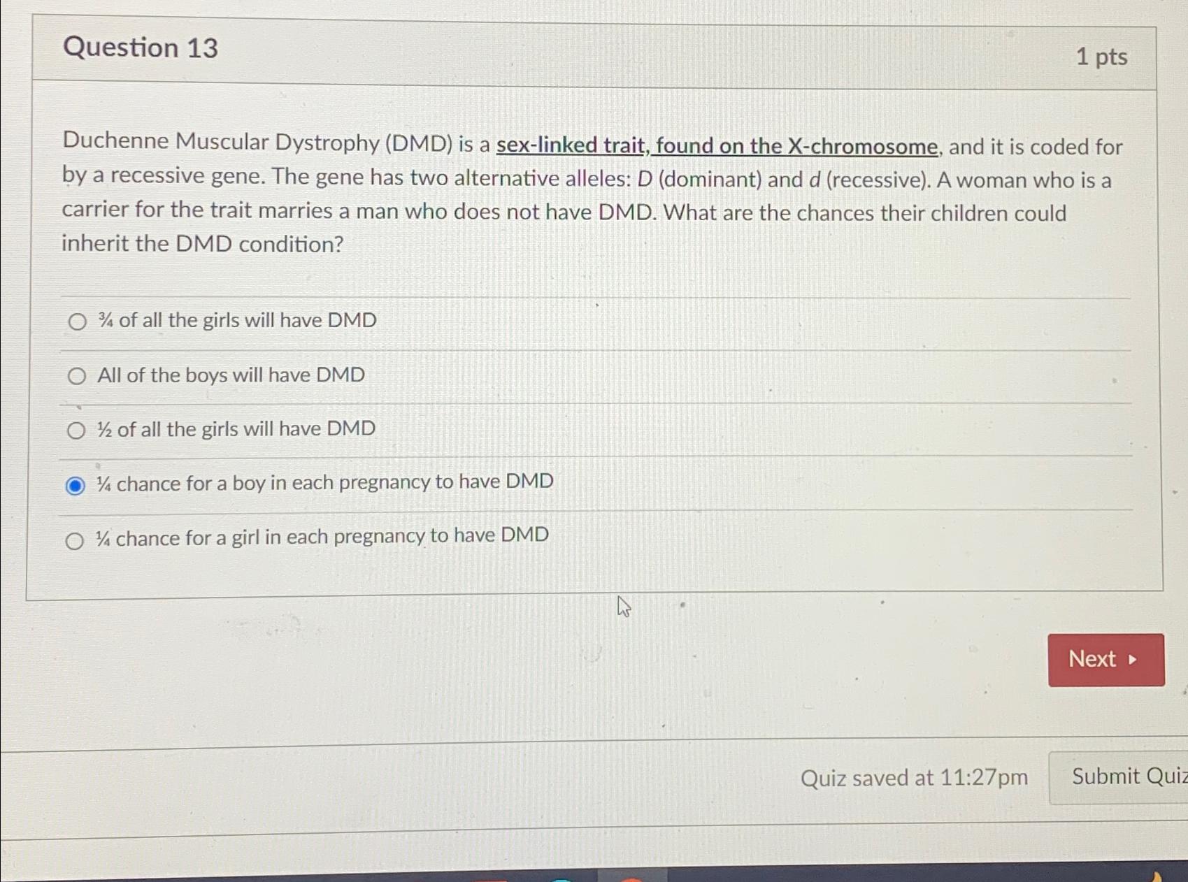 Solved Question 131ptsDuchenne Muscular Dystrophy (DMD) ﻿is | Chegg.com
