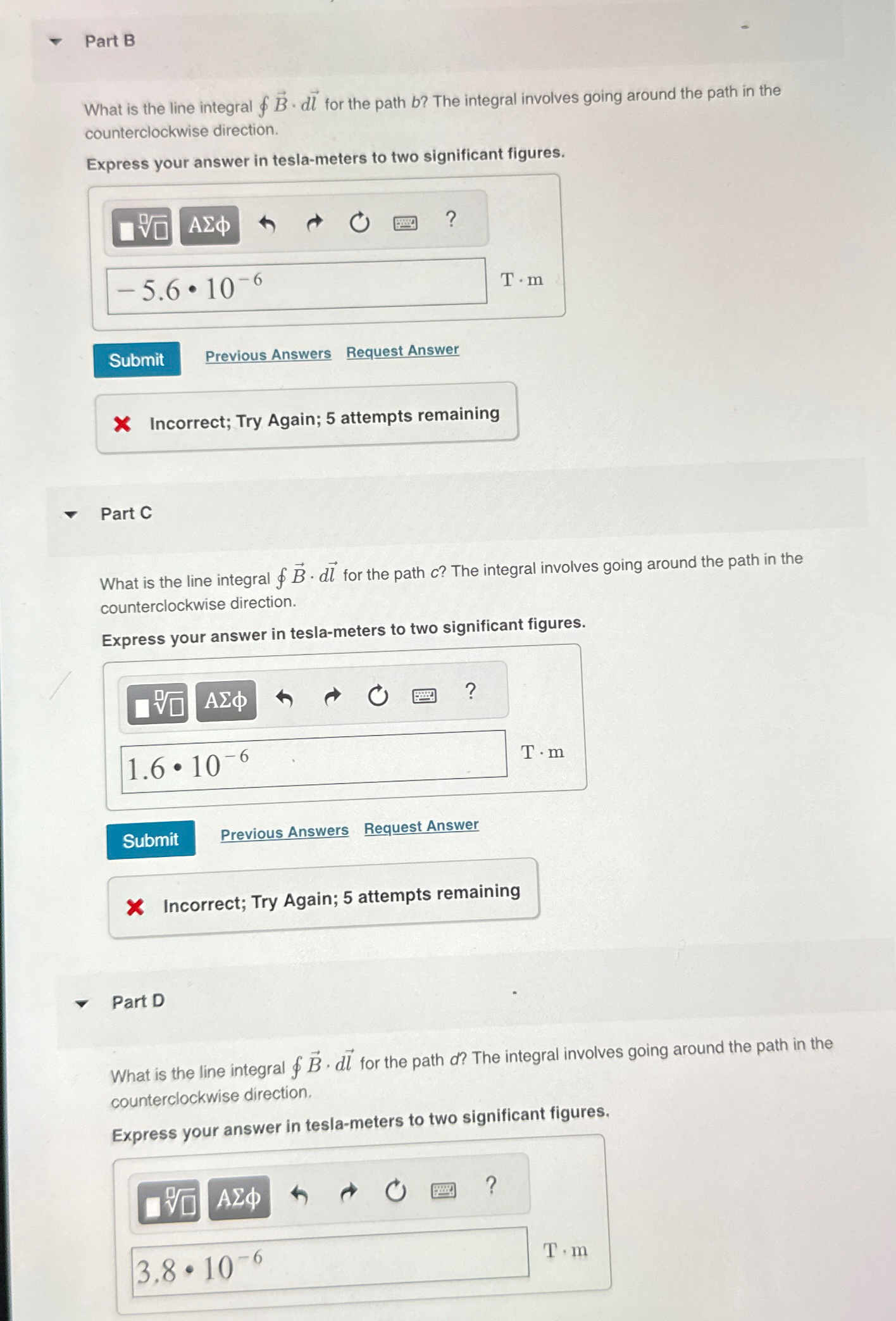 Solved Part BWhat is the line integral o∫﻿﻿vec(B)*dvec(l) | Chegg.com