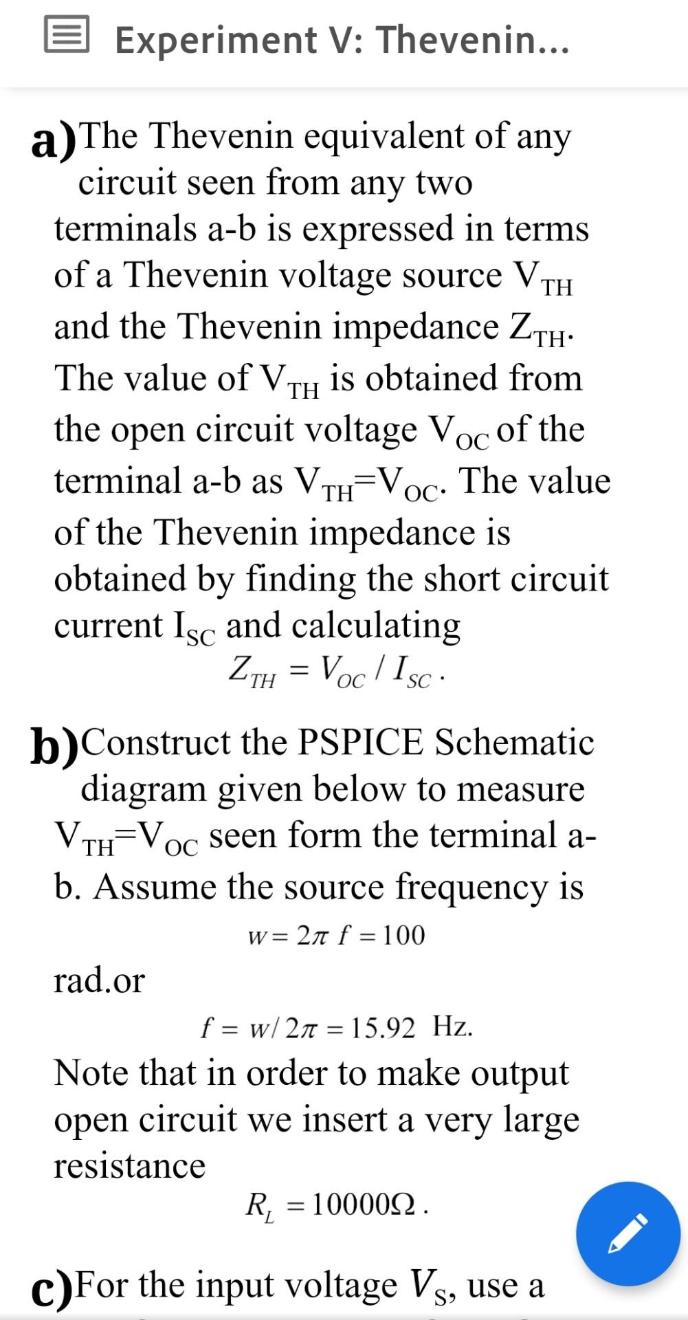 Experiment V: Thevenin Theorem and Maximum Power | Chegg.com