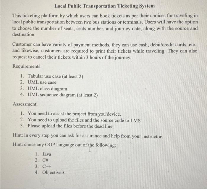 Solved Local Public Transportation Ticketing System This | Chegg.com