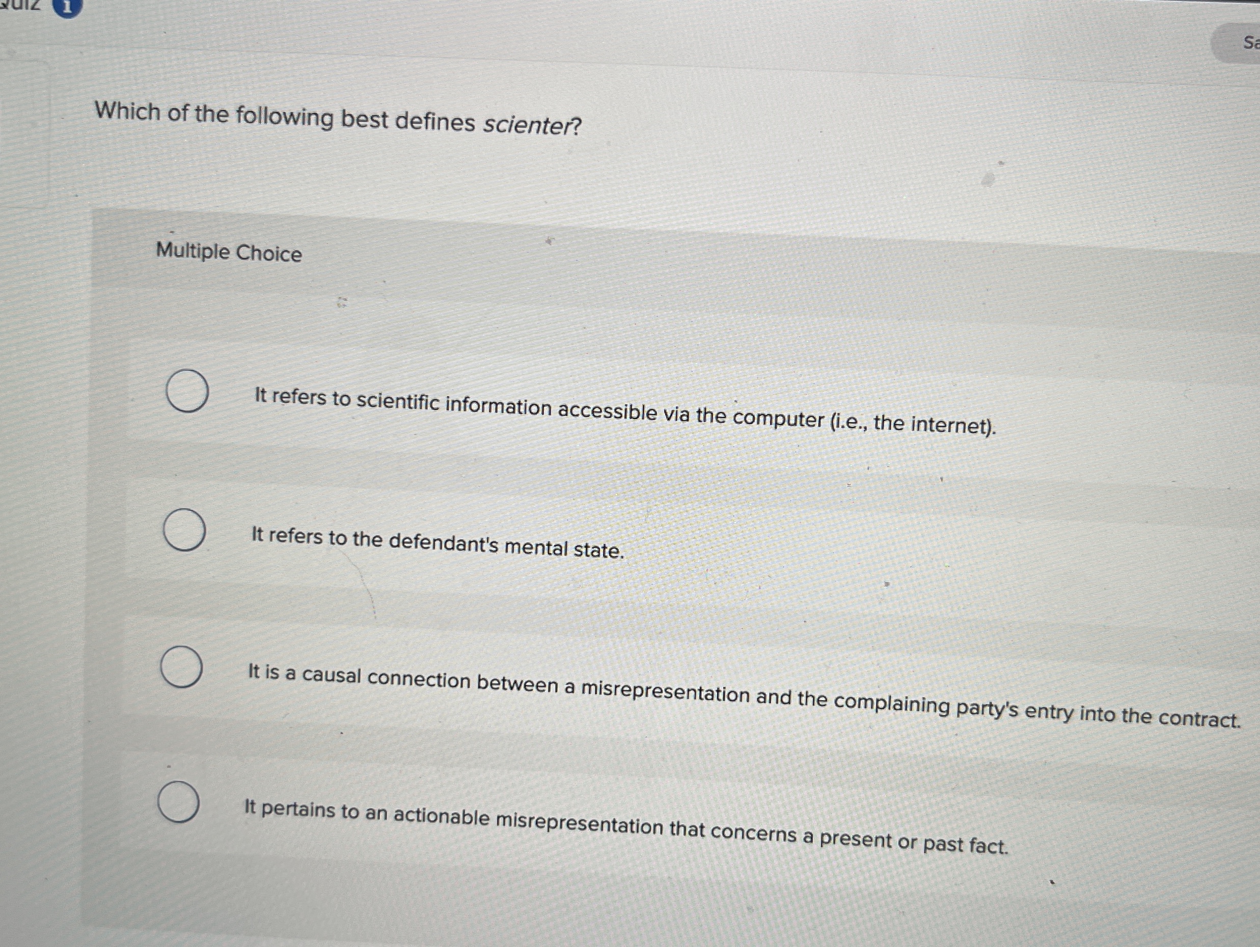 Solved Which of the following best defines scienter?Multiple | Chegg.com