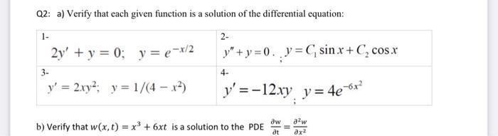 Solved Q2: a) Verify that each given function is a solution | Chegg.com
