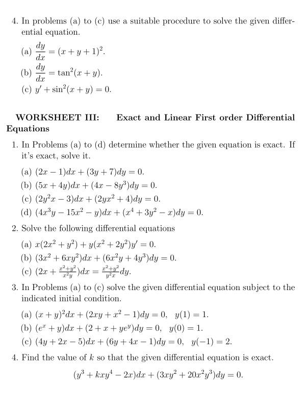 Solved WORKSHEET II: Separable and Homogeneous Equations. 1. | Chegg.com