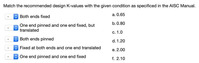 Solved Match the recommended design K-values with the given | Chegg.com