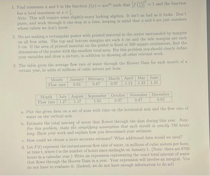 Solved 1. Find constants a and 6 in the function f(x) = are | Chegg.com