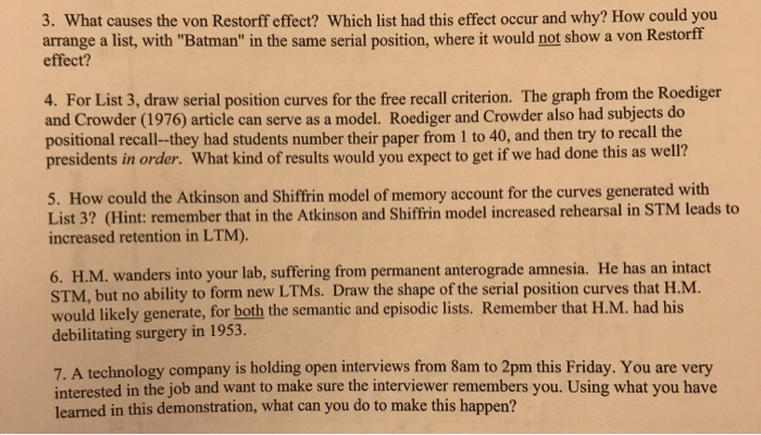 3. What causes the von Restorff effect? Which list | Chegg.com