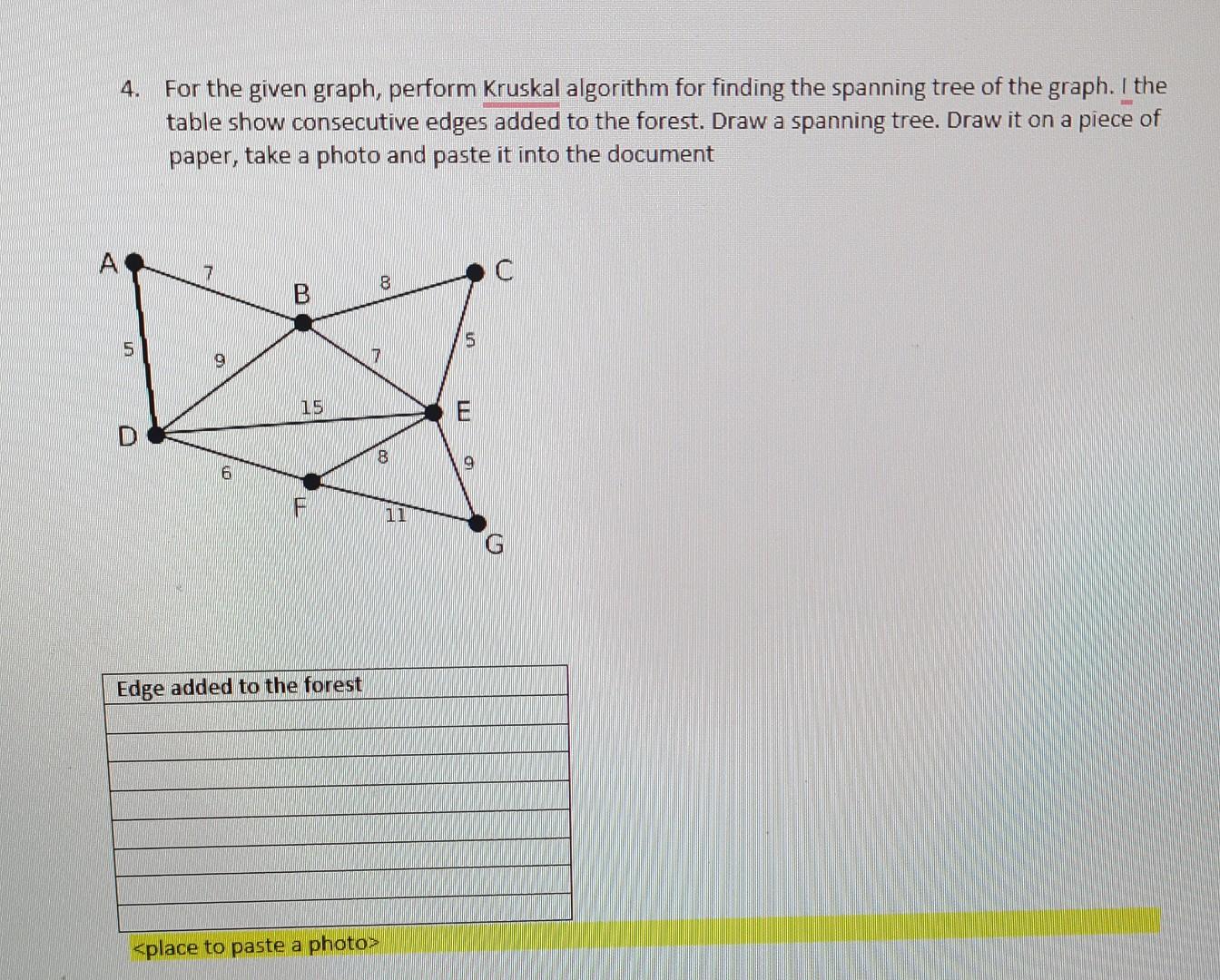 Solved 4. For the given graph, perform Kruskal algorithm for | Chegg.com