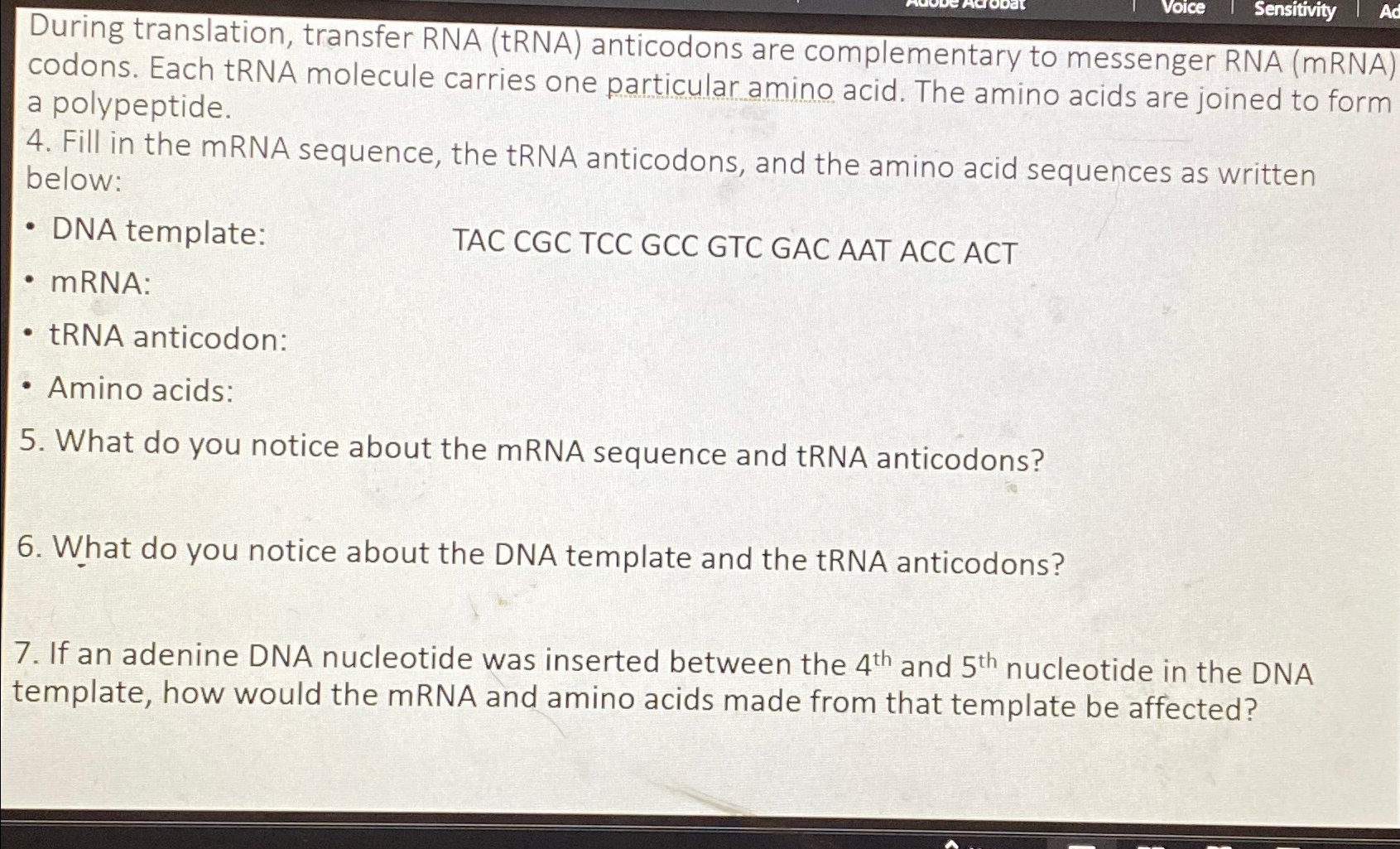 Solved During translation, transfer RNA (tRNA) ﻿anticodons | Chegg.com