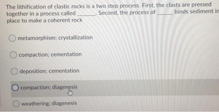 Solved The lithification of clastic rocks is a two step | Chegg.com
