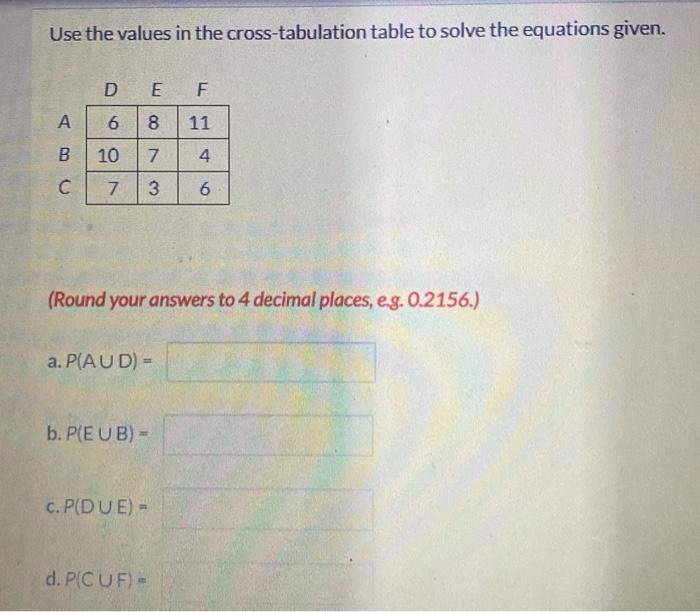 Solved Use the values in the cross-tabulation table to solve | Chegg.com