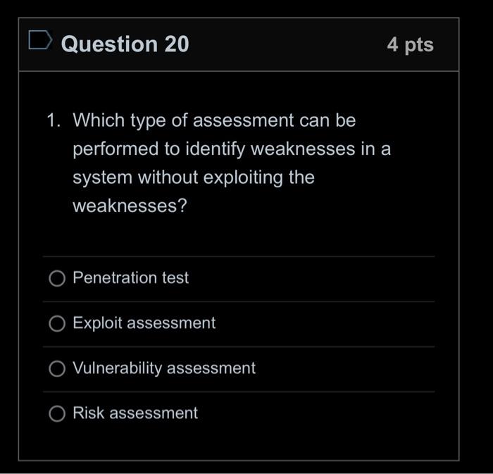 Solved Vulnerability assessment Risk assessment An | Chegg.com