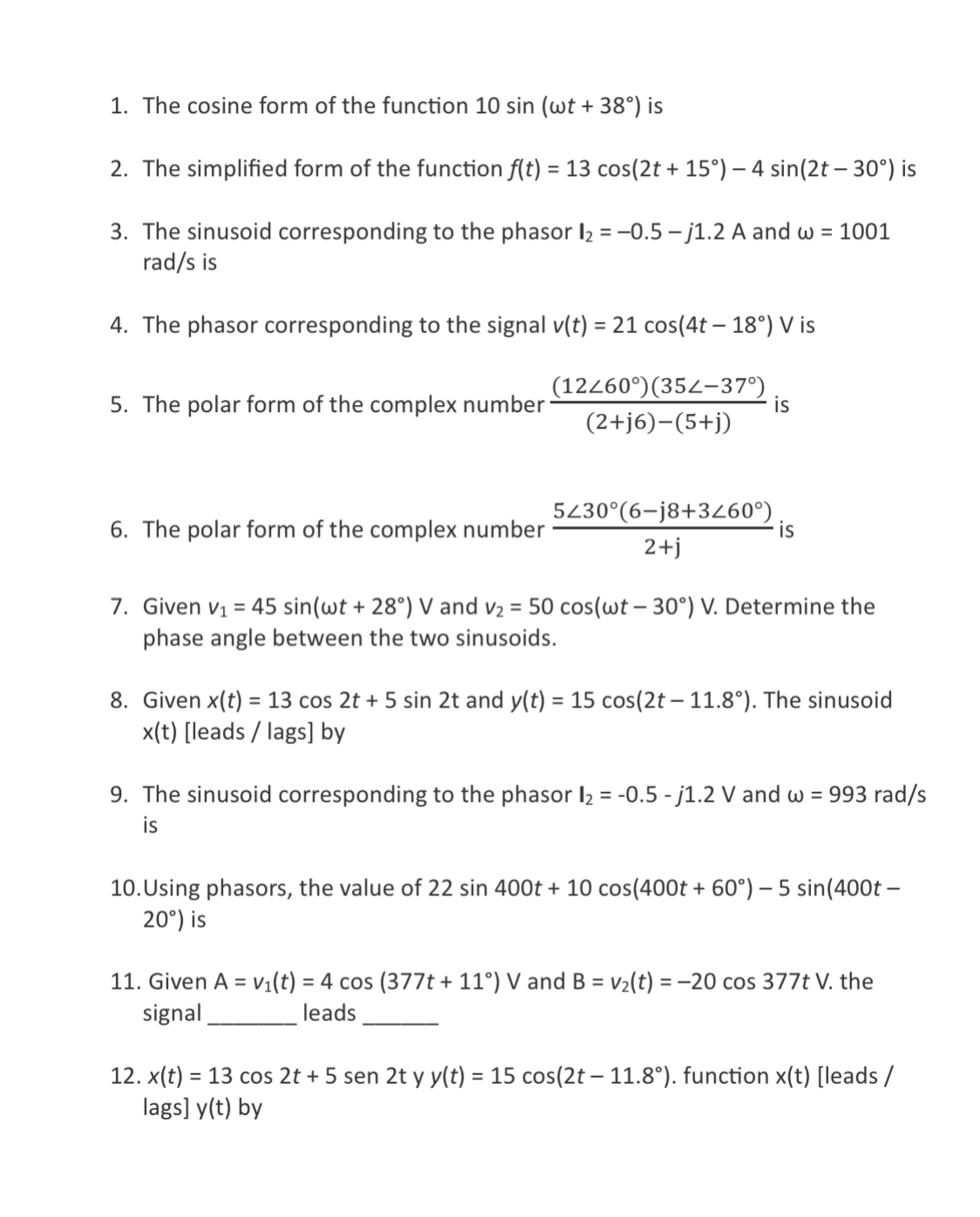 Solved The cosine form of the function 10sin(ωt+38°) ﻿isThe | Chegg.com