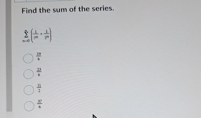 Solved Find the sum of the series.∑n=0∞(1πn+12n)196236112376 | Chegg.com