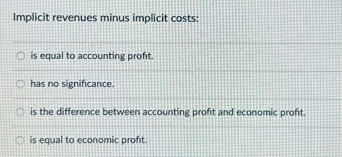 Solved Implicit revenues minus implicit costs:is equal to | Chegg.com
