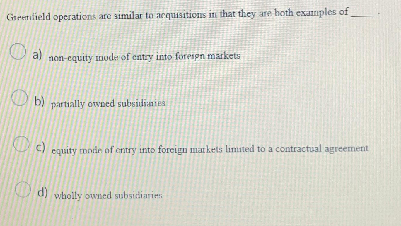 Solved Greenfield operations are similar to acquisitions in | Chegg.com