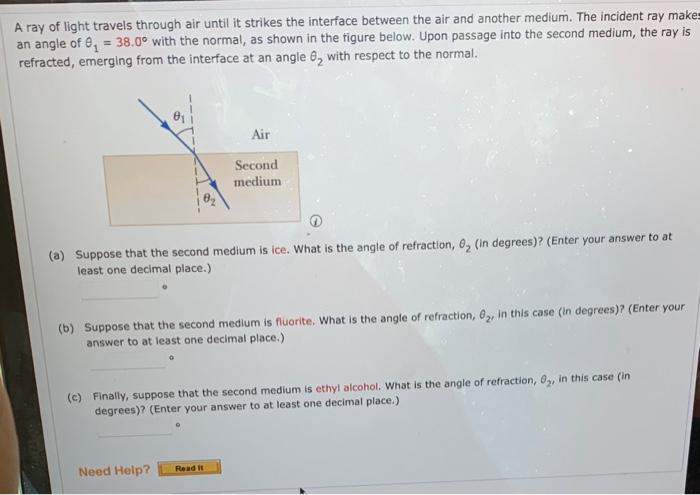 Solved A ray of light travels through air until it strikes | Chegg.com
