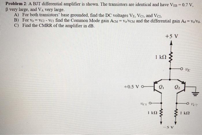 Solved Problem 2: A BJT differential amplifier is shown. The | Chegg.com