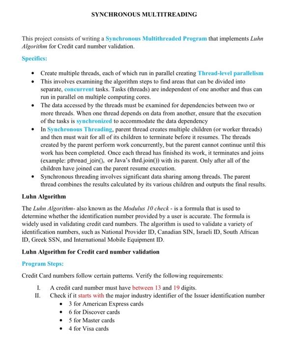 Solved SYNCHRONOUS MULTITREADING This project consists of | Chegg.com