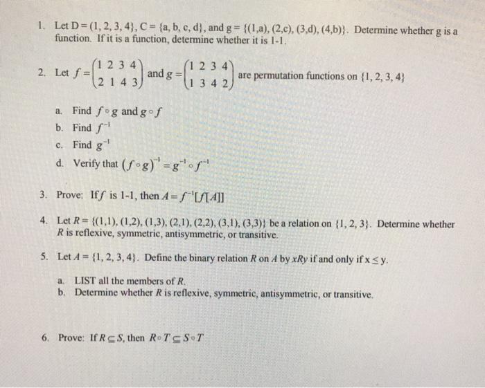 Solved 1. Let D= (1,2,3,4}, C = {a, b, c, d), and g = | Chegg.com