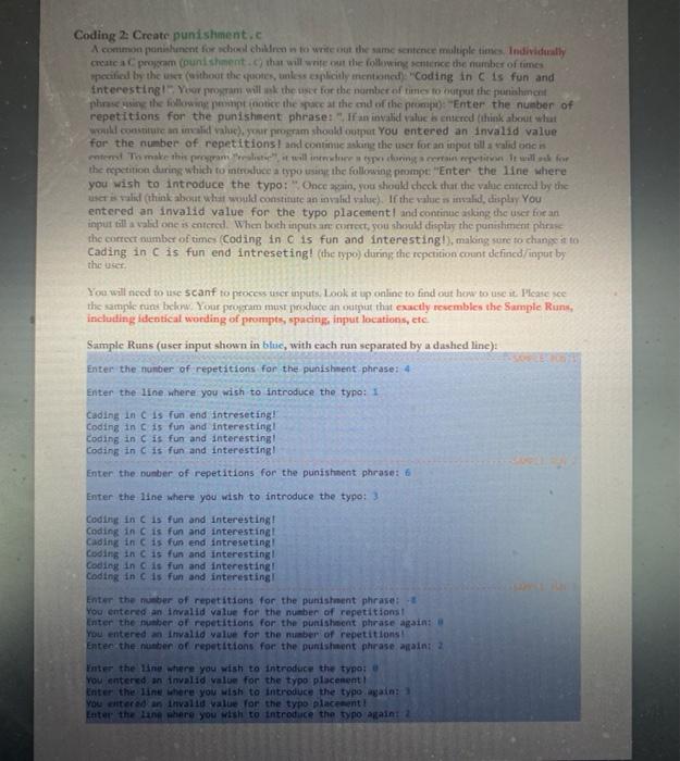 Solved Coding 2. Create punishment, e repetitions fon the | Chegg.com