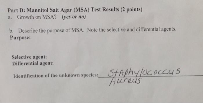 Solved Part D: Mannitol Salt Agar (MSA) Test Results (2 | Chegg.com