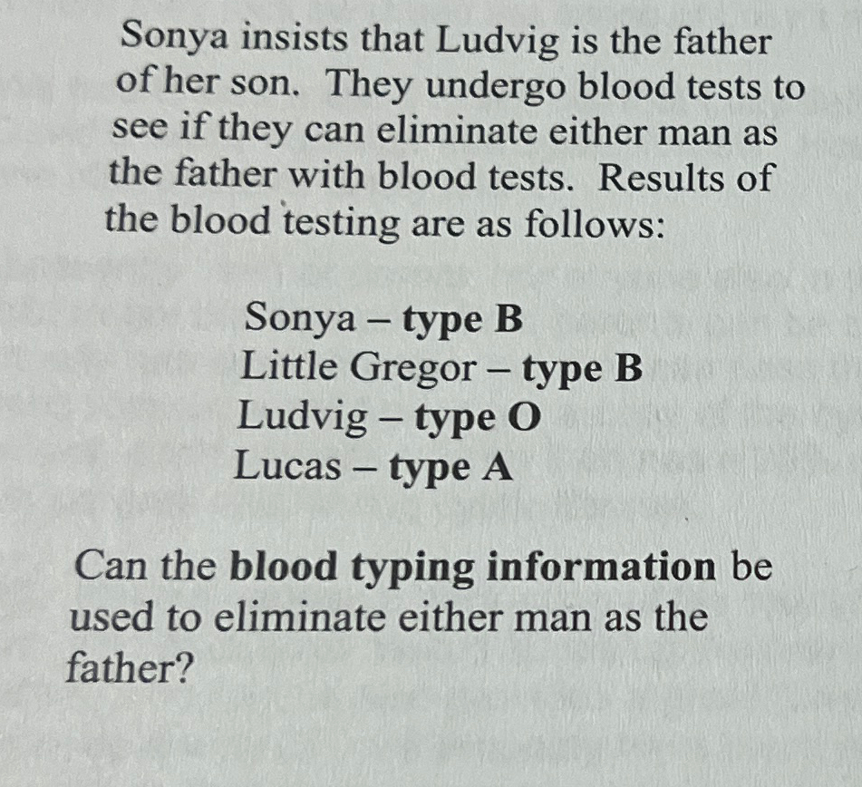 Solved Sonya insists that Ludvig is the father of her son. | Chegg.com