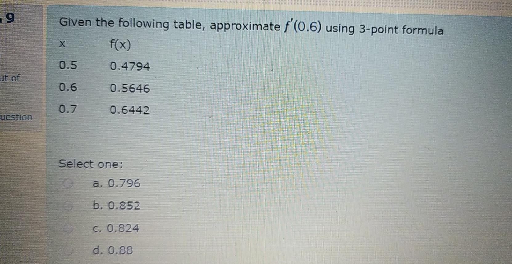 Solved 9 Given the following table, approximate f'(0.6) | Chegg.com