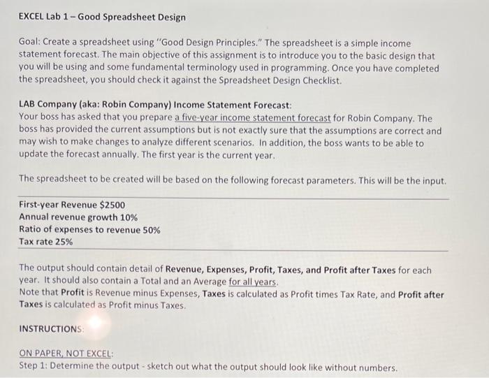 EXCEL Lab 1-Good Spreadsheet Design Goal: Create a | Chegg.com