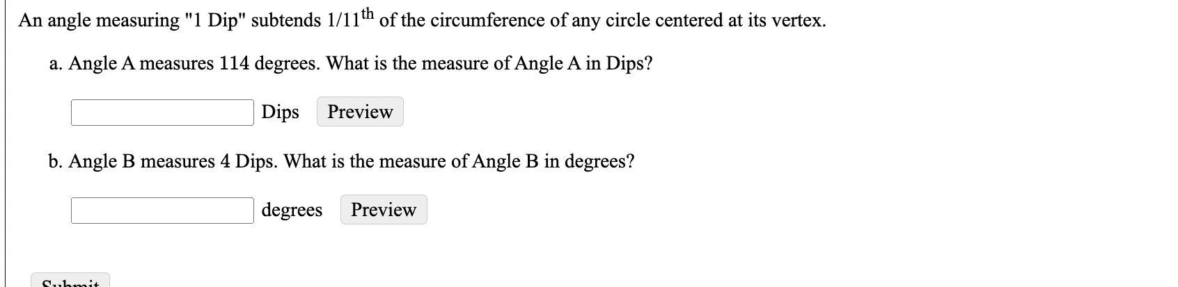 Solved An angle measuring "1 ﻿Dip" subtends 111th ﻿of the | Chegg.com