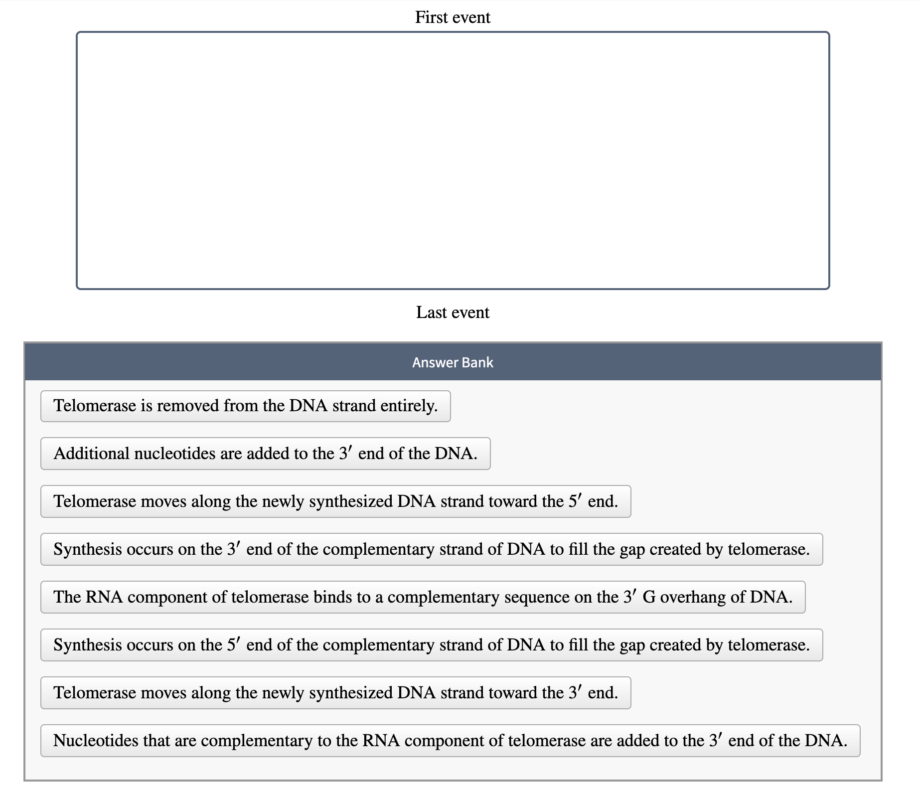 Solved First eventLast eventAnswer BankTelomerase is removed | Chegg.com