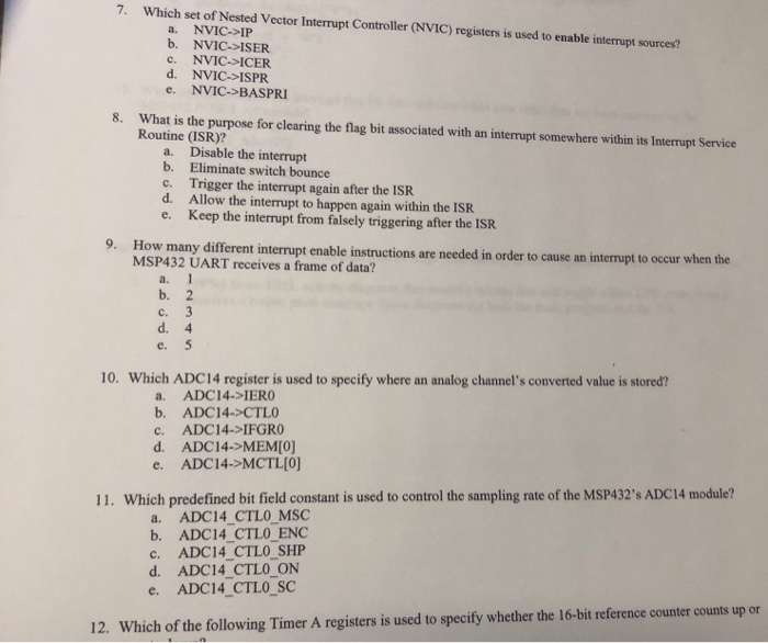 Solved 7. Which set of Nested Vector Interrupt Controller | Chegg.com