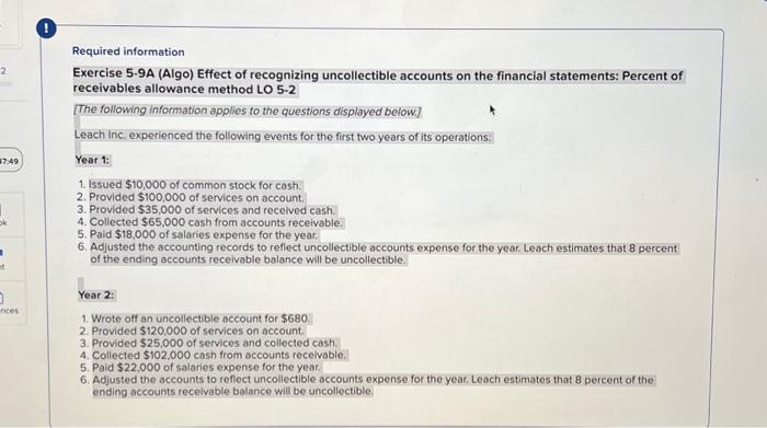 Solved Required information Exercise 5-9A (Algo) Effect of | Chegg.com