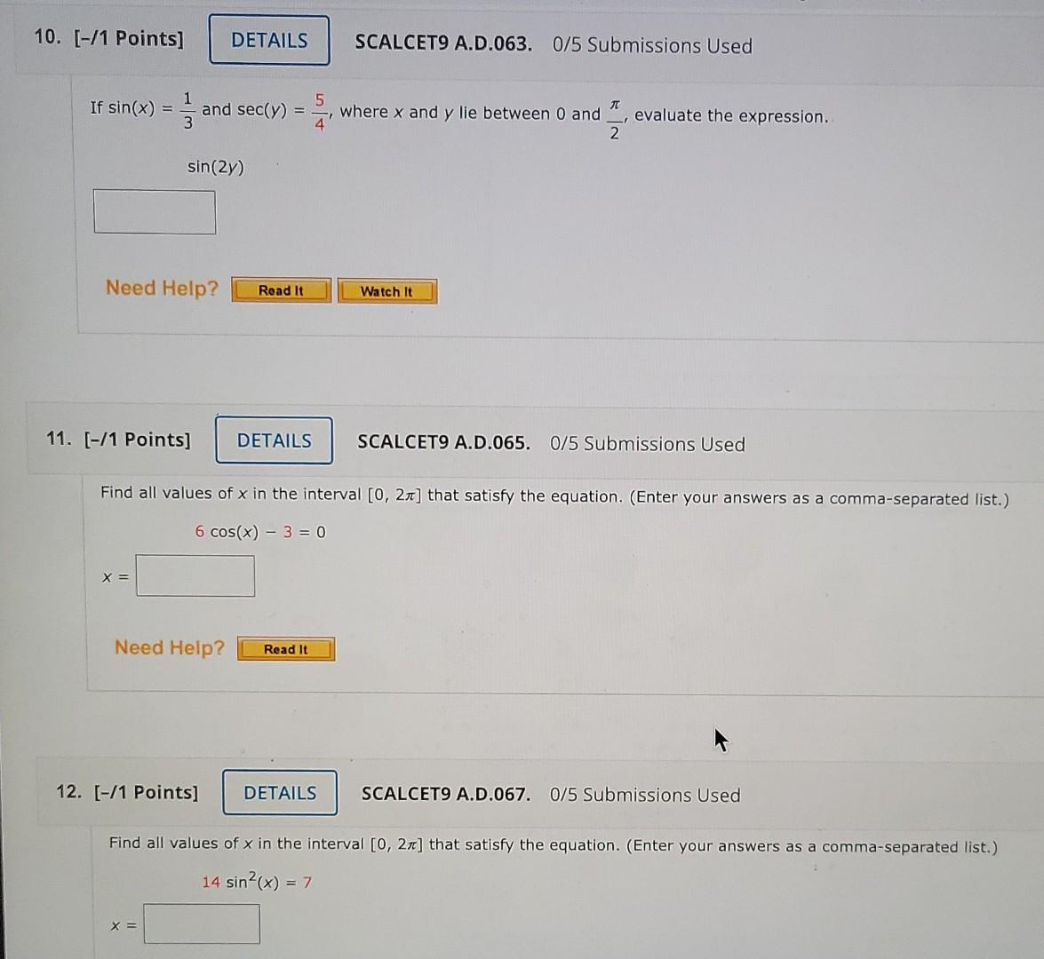 Solved 10. [-/1 Points] DETAILS SCALCET9 A.D.063. 0/5 | Chegg.com