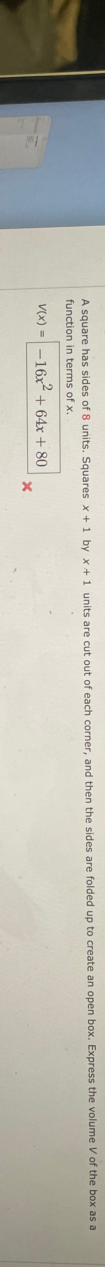 Solved A square has sides of 8 ﻿units. Squares x+1 ﻿by x+1 | Chegg.com