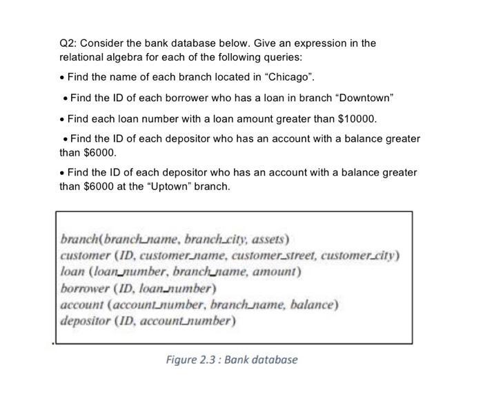 Solved Q2: Consider the bank database below. Give an | Chegg.com