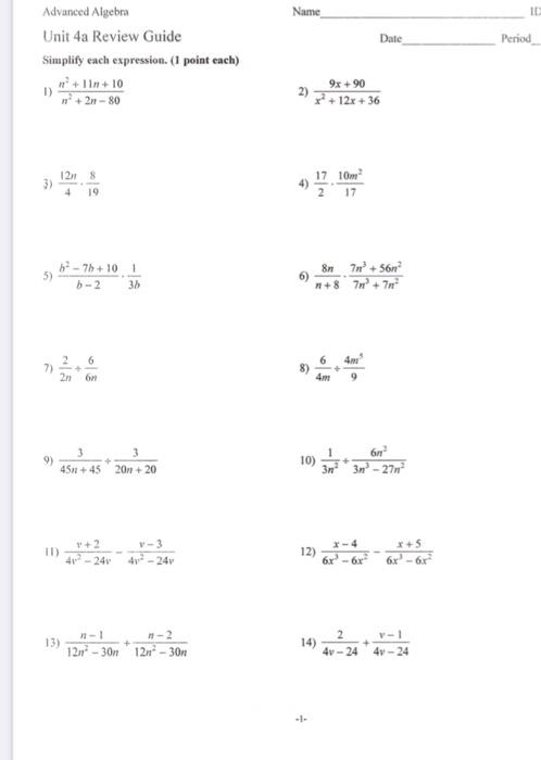 Solved Name IL Date Period Advanced Algebra Unit 4a Review | Chegg.com