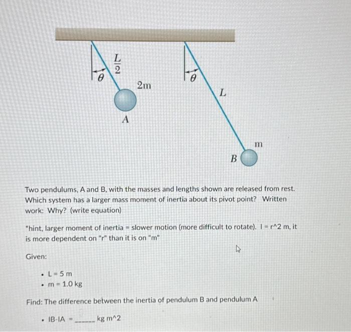 Solved Two pendulums, A and B, with the masses and lengths | Chegg.com