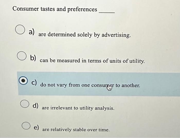 Solved Consumer tastes and preferences a) are determined | Chegg.com